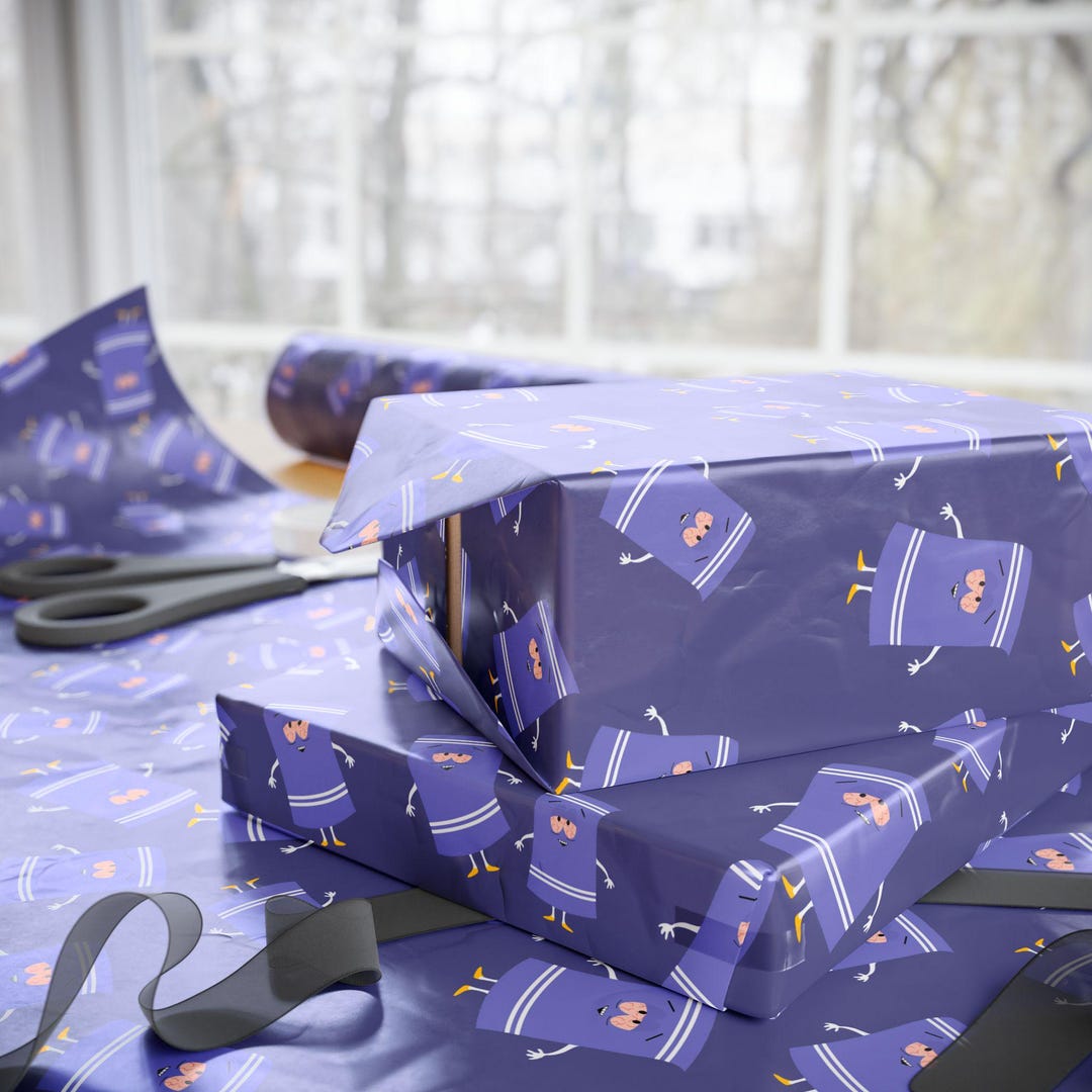 Funny Blue Towel Character Wrapping Paper Silly Cartoon Holiday Gift ...