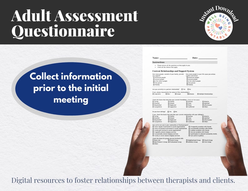 Client Assessment Form, Screening Questionnaire Worksheet | Mental ...