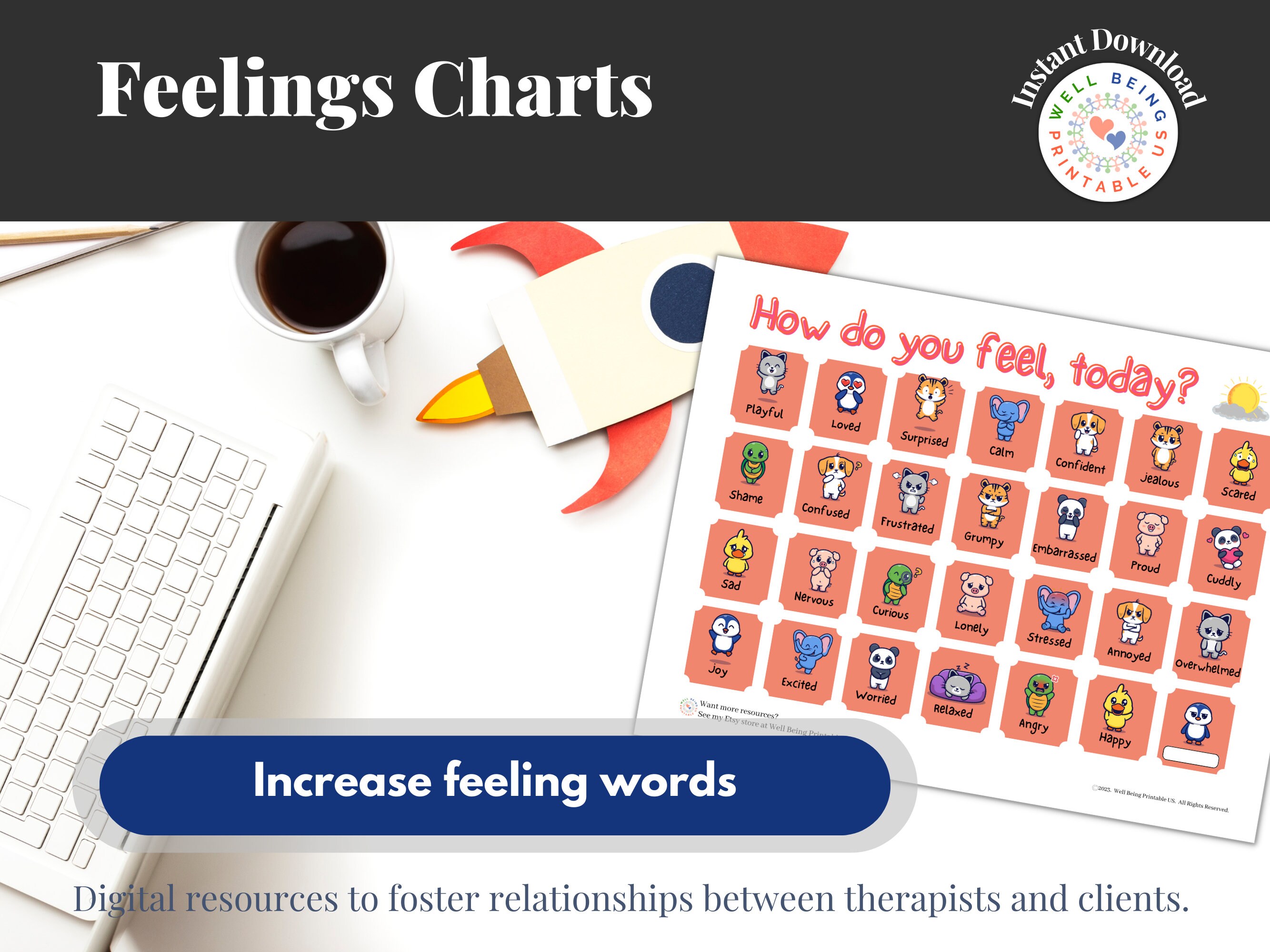 Feelings Charts for Kids, 28 Feelings Animals for SEL | Mental Health ...