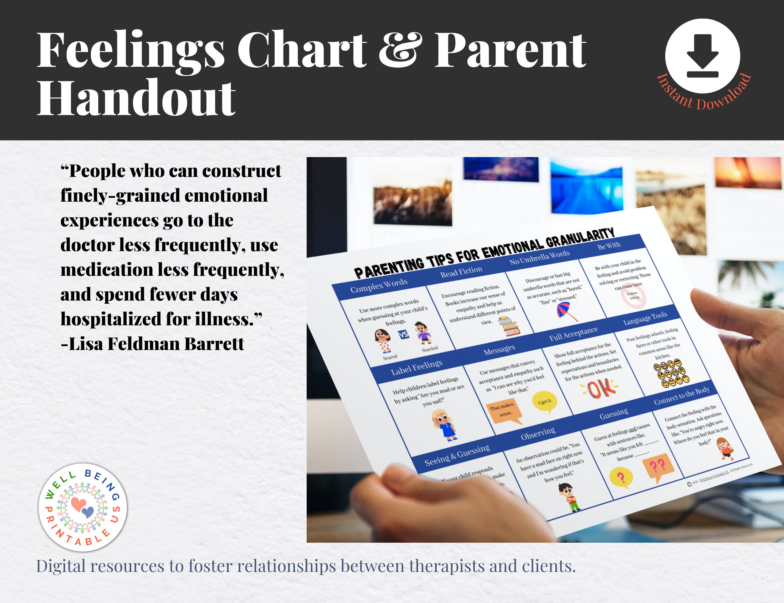 Colorful Feelings Chart, CBT Worksheet, Parent Handout | Mental Health ...
