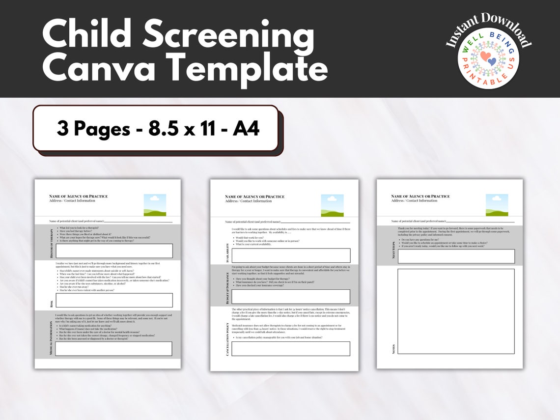 Child Client Screening Canva Template, Client Assessment Worksheet ...