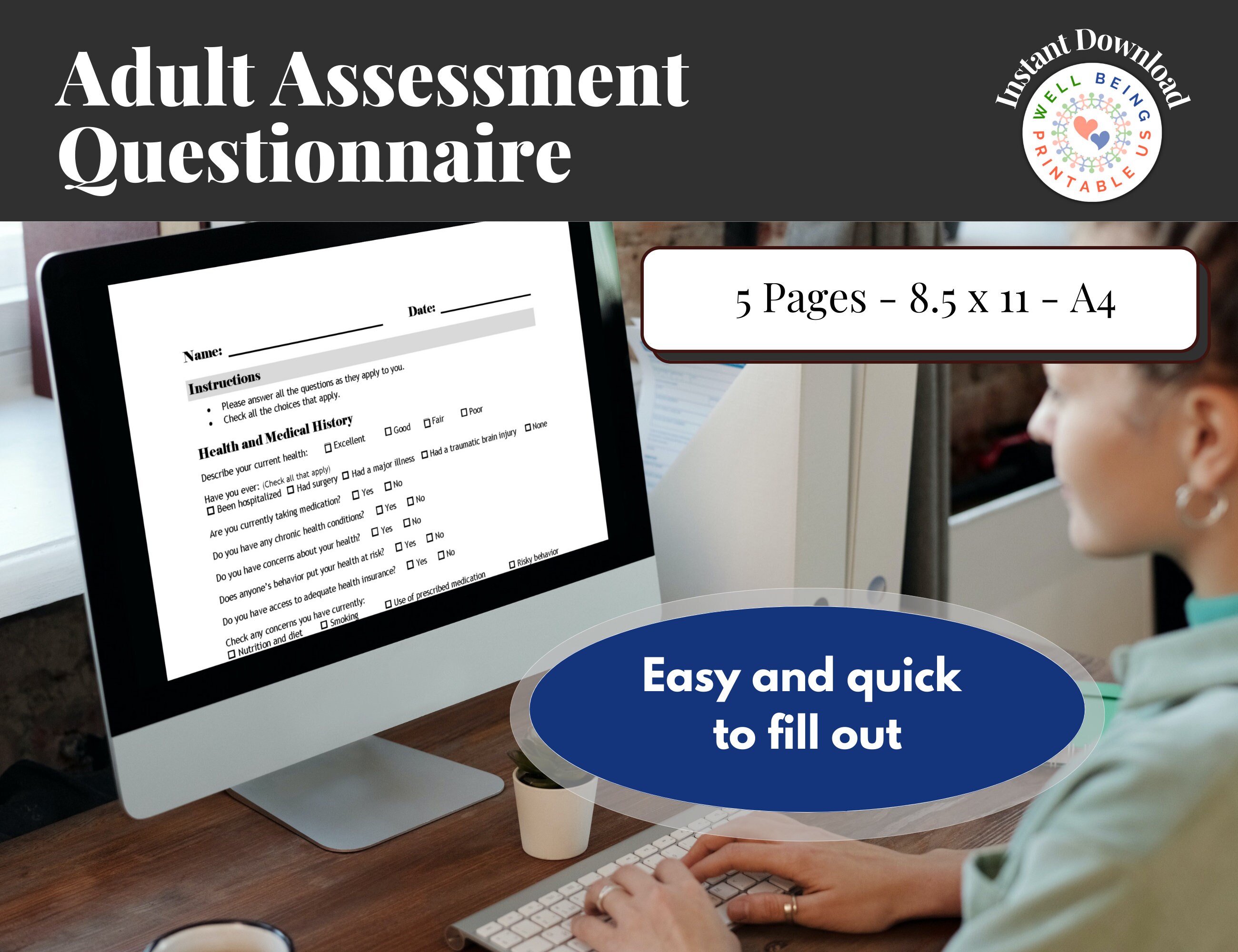 Client Assessment Form, Screening Questionnaire Worksheet | Mental ...