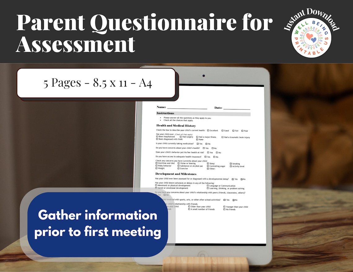 Child Therapy Client Assessment Form Questionnaire Mental Health ...