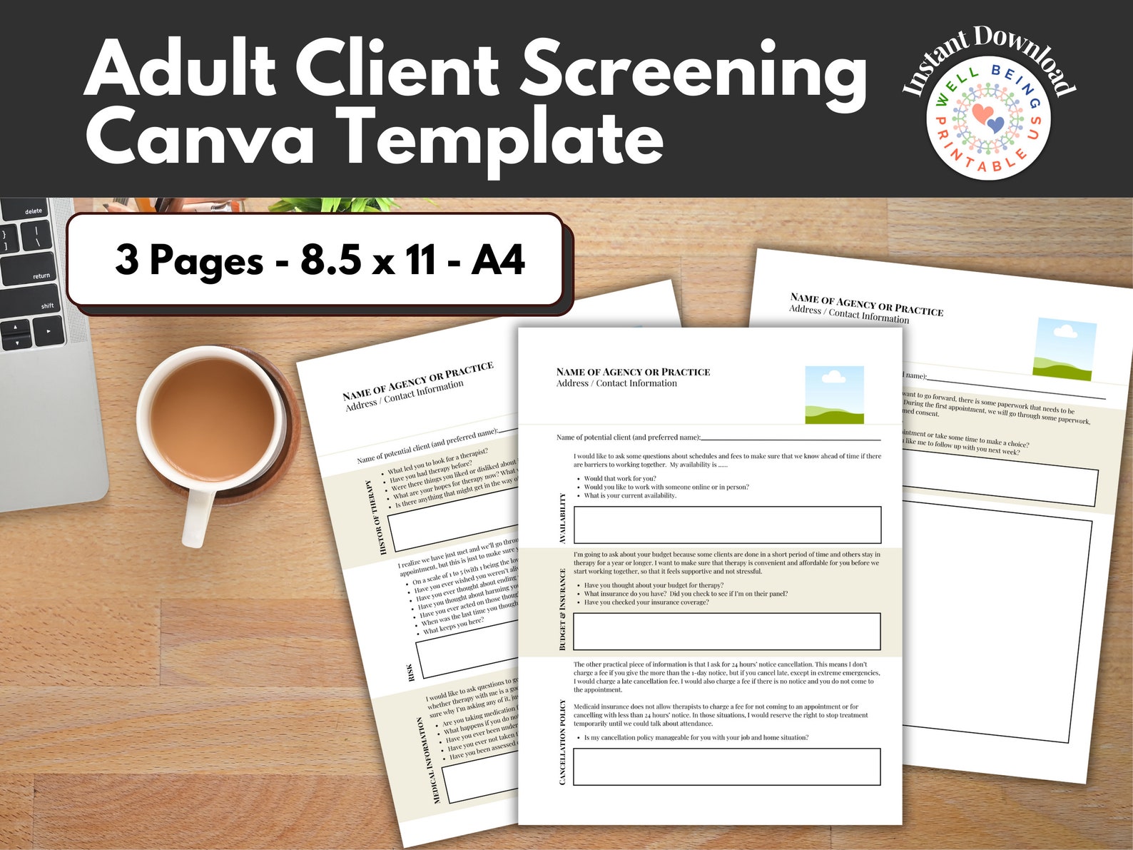 Adult Client Screening Canva Template, Client Assessment Worksheet ...