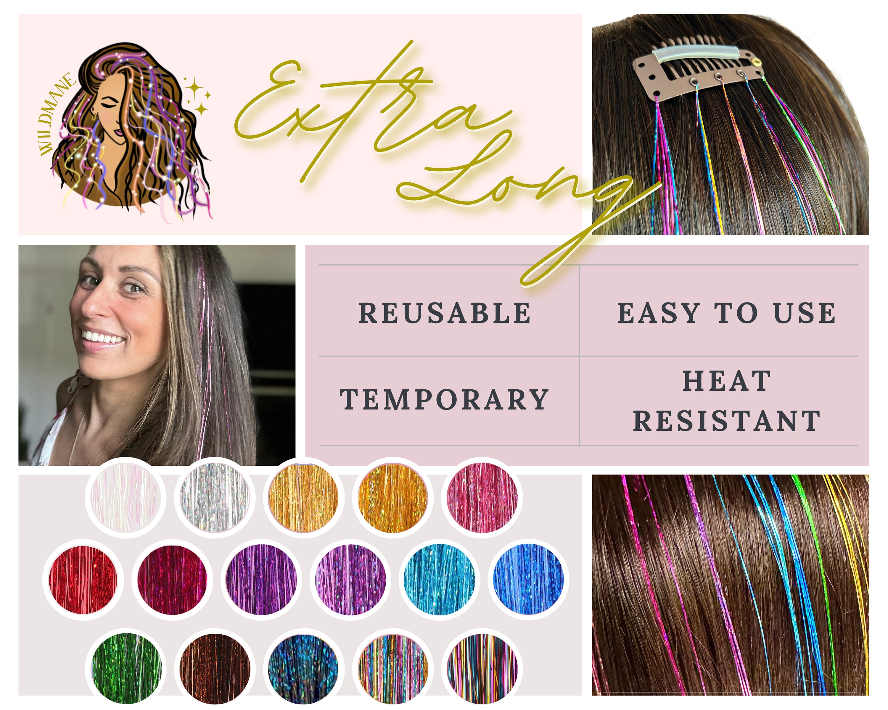 Extra Long Tinsel Hair Clips Customizable Sparkle for Long Hair ...