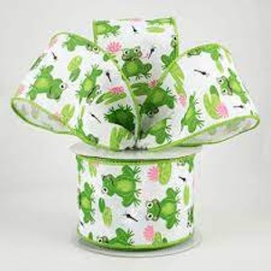 Frog Wired Ribbon, 2.5 Inch X 10 Yard, White, Green Pink, Frogs, Lily ...