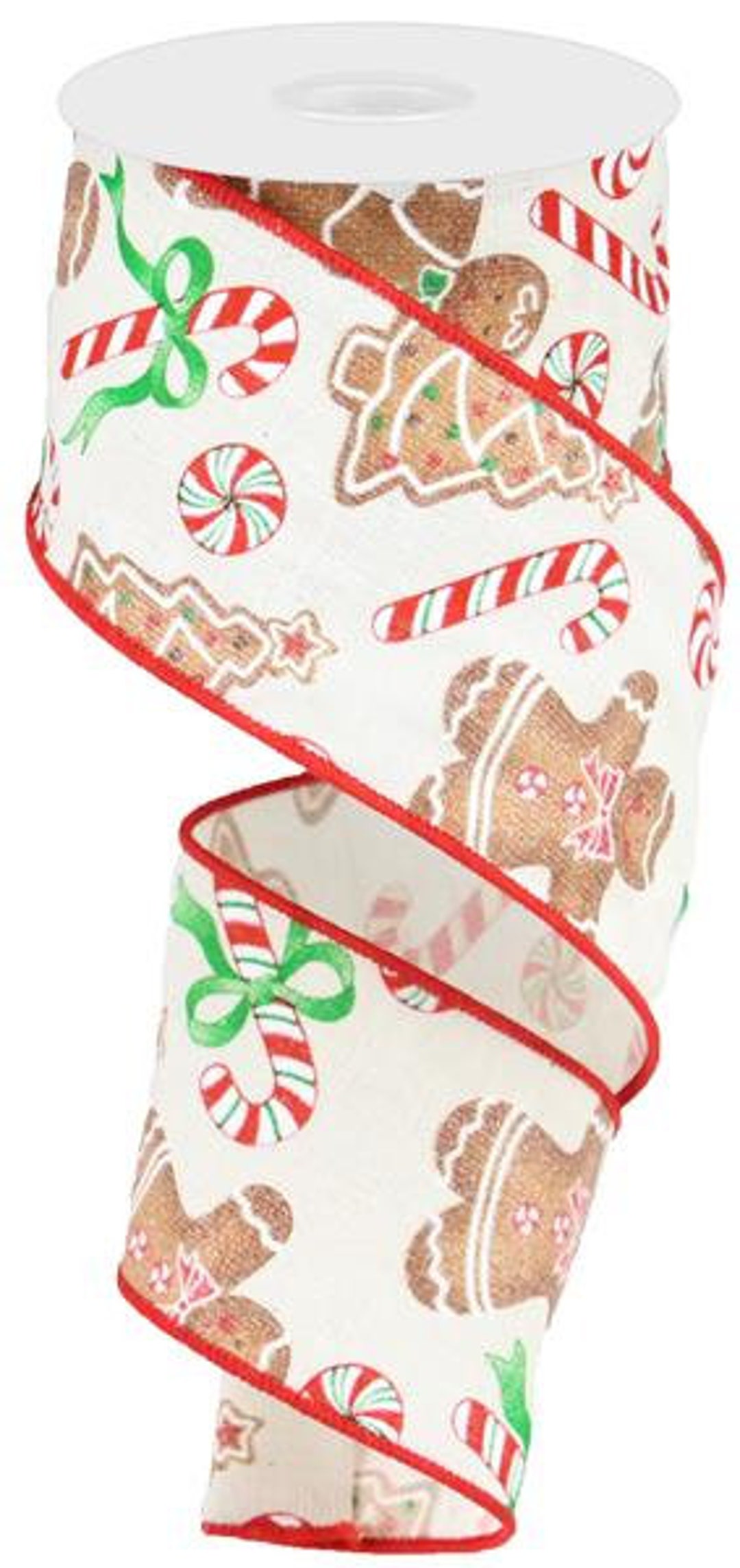 Gingerbread Christmas Wired Ribbon: Red White Brown Green, Candy Canes ...