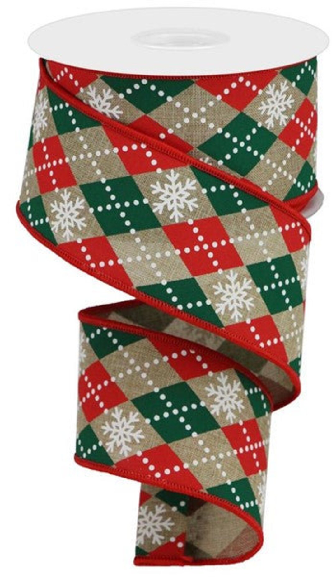 Argyle Snowflakes Christmas Wired Ribbon : Red Emerald Green White ...