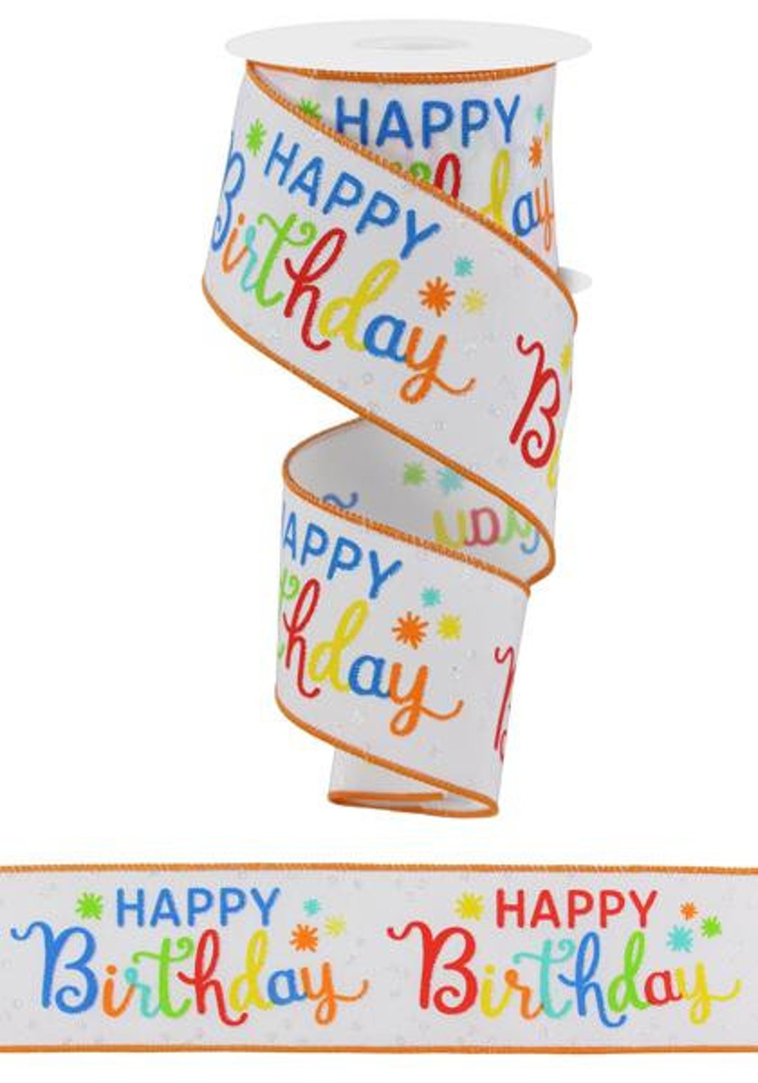 Happy Birthday Script Wired Ribbon: White With Bold Pink Blue, Gift ...