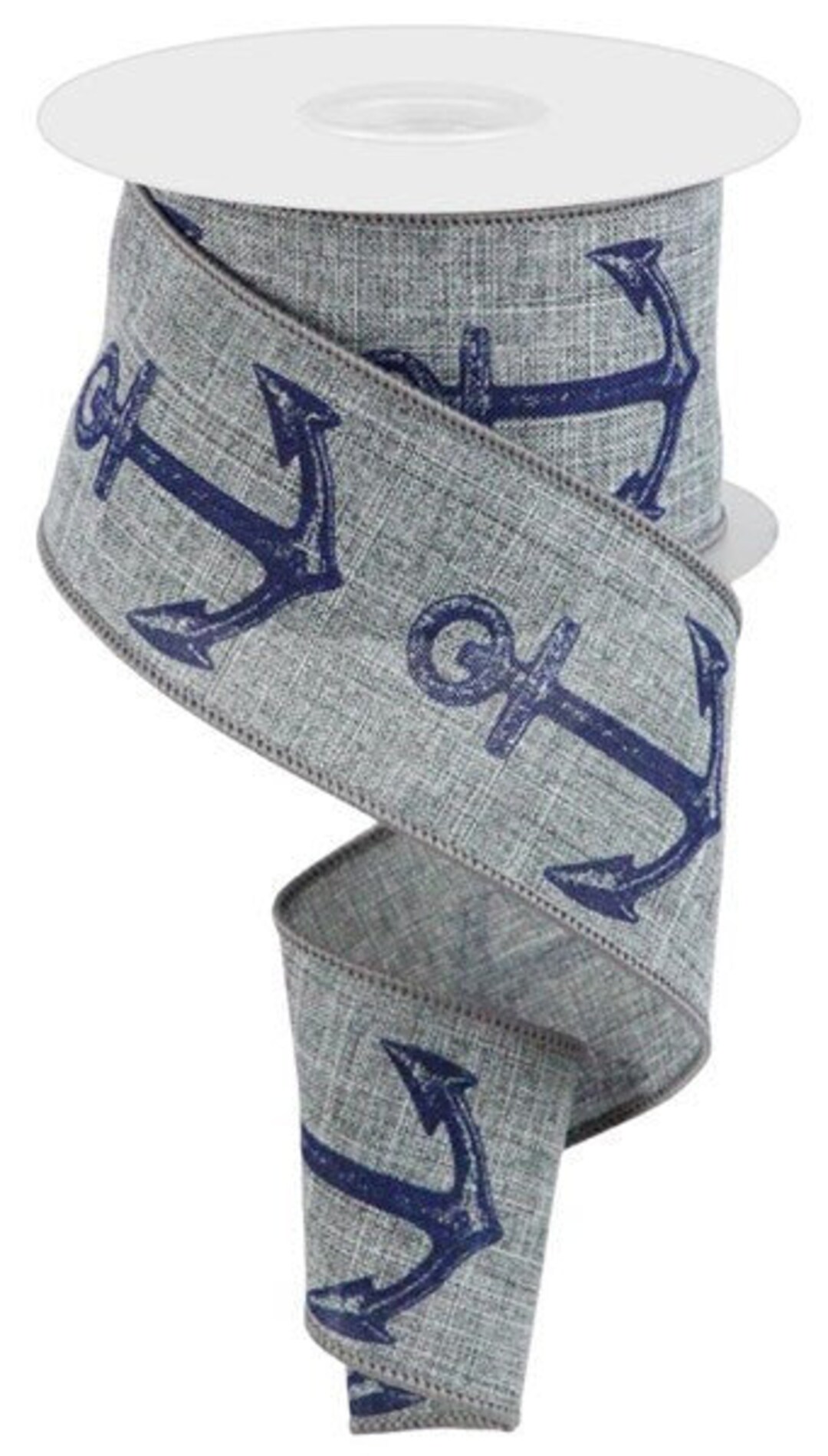 Navy & Grey Anchor Wired Edge Ribbon, 2.5 X 30'. Nautical Ribbon, Beach ...