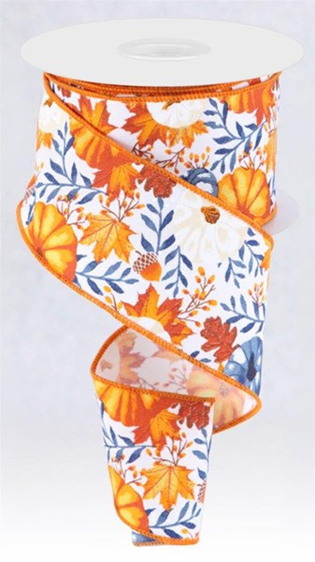 Pumpkins Ribbon, Navy Blue Pumpkin Ribbon, Wired Ribbon for Fall, White ...