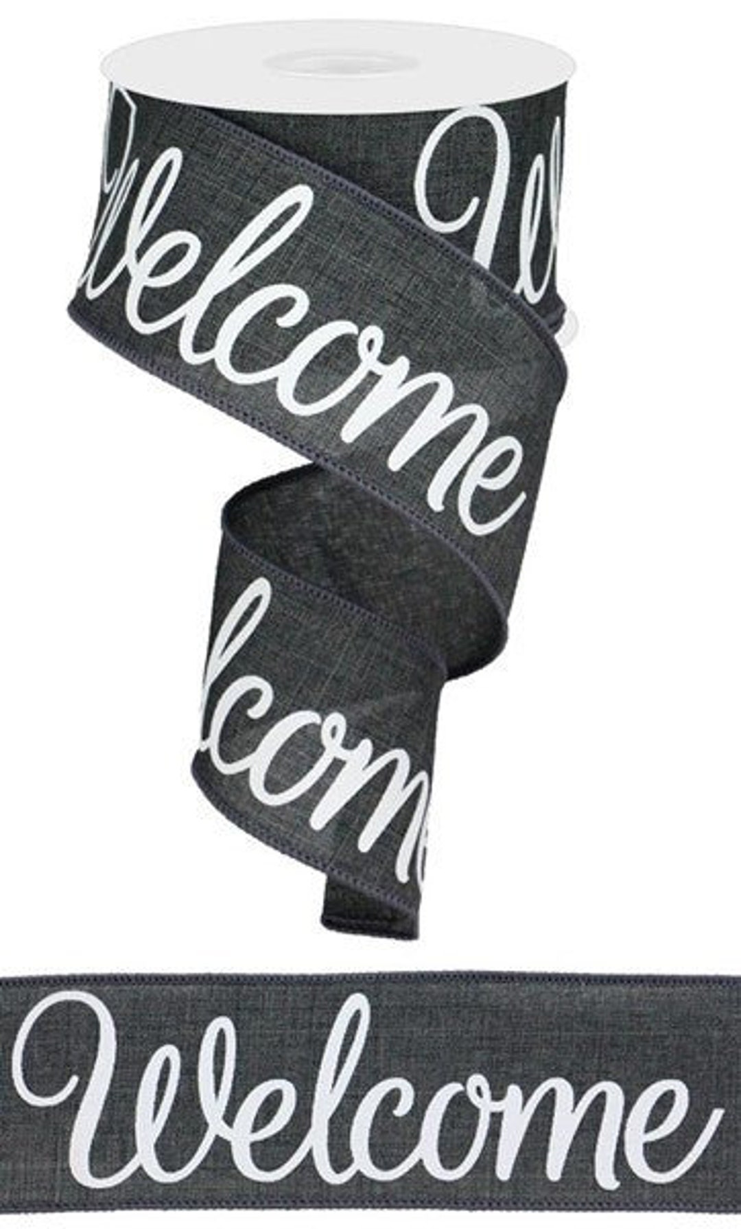 Welcome Wired Ribbon, Charcoal Black White Welcome Printed Ribbons ...