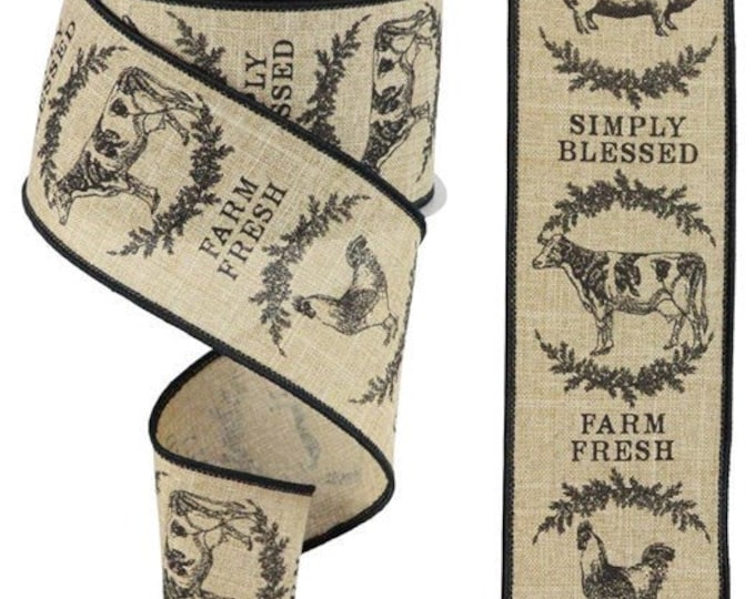 2.5" Farm House Animals Ribbon: Beige & Black (10 Yards) Chicken Cow ...