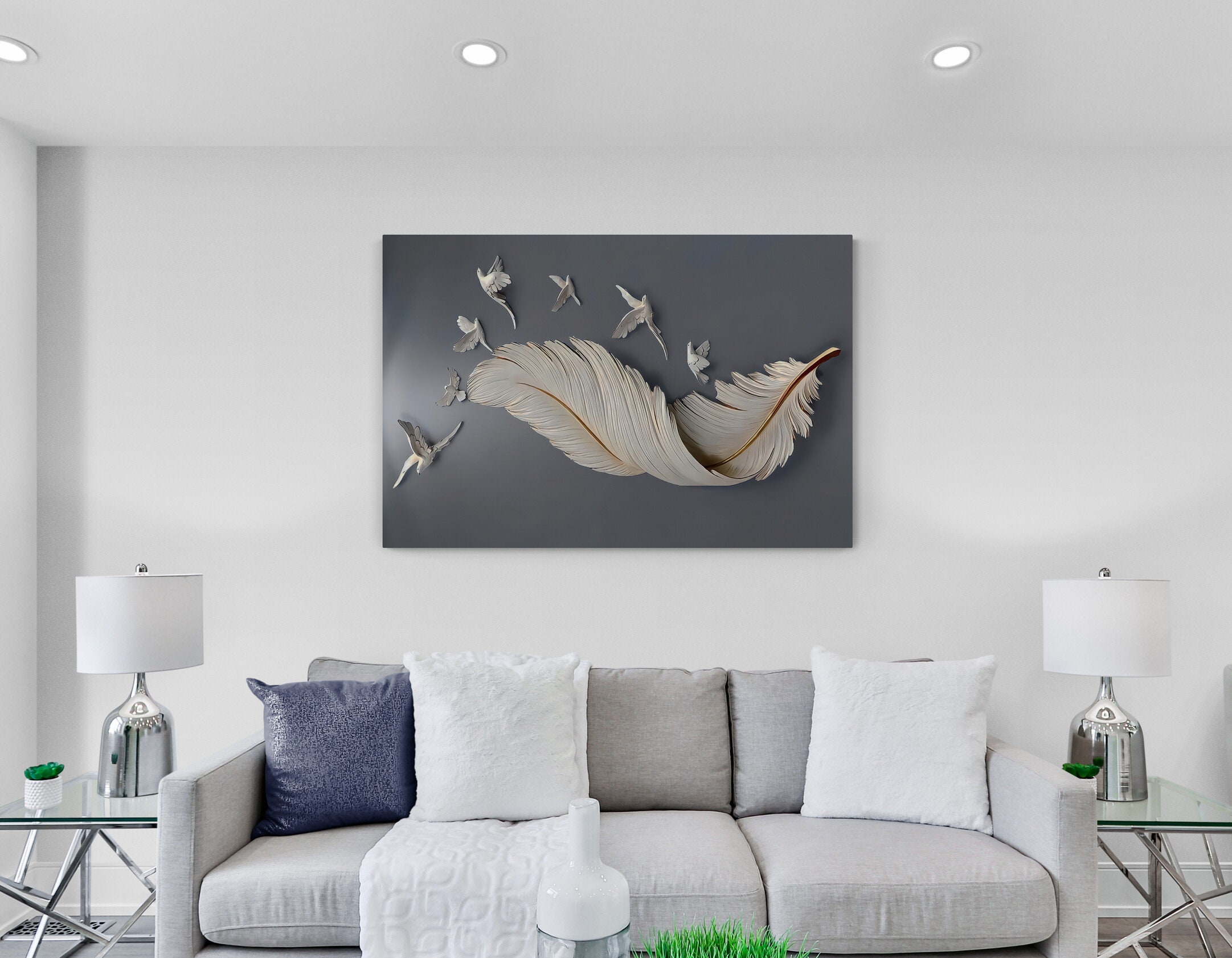 Feather and Birds Canvas Wall Art, Abstract Feather Home Decor ...