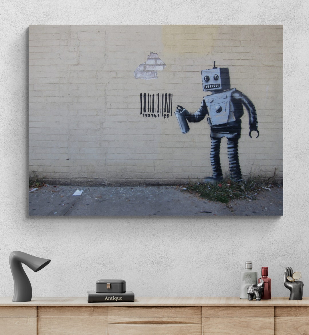 Banksy Robot Barcode Coney Island Art Canvas, Banksy Street Art,famous Graffiti Wall Art,street ...