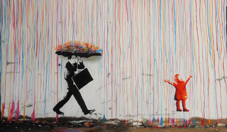 Banksy Rainbow Rain Art Canvas Man With Umbrella Colourful Etsy
