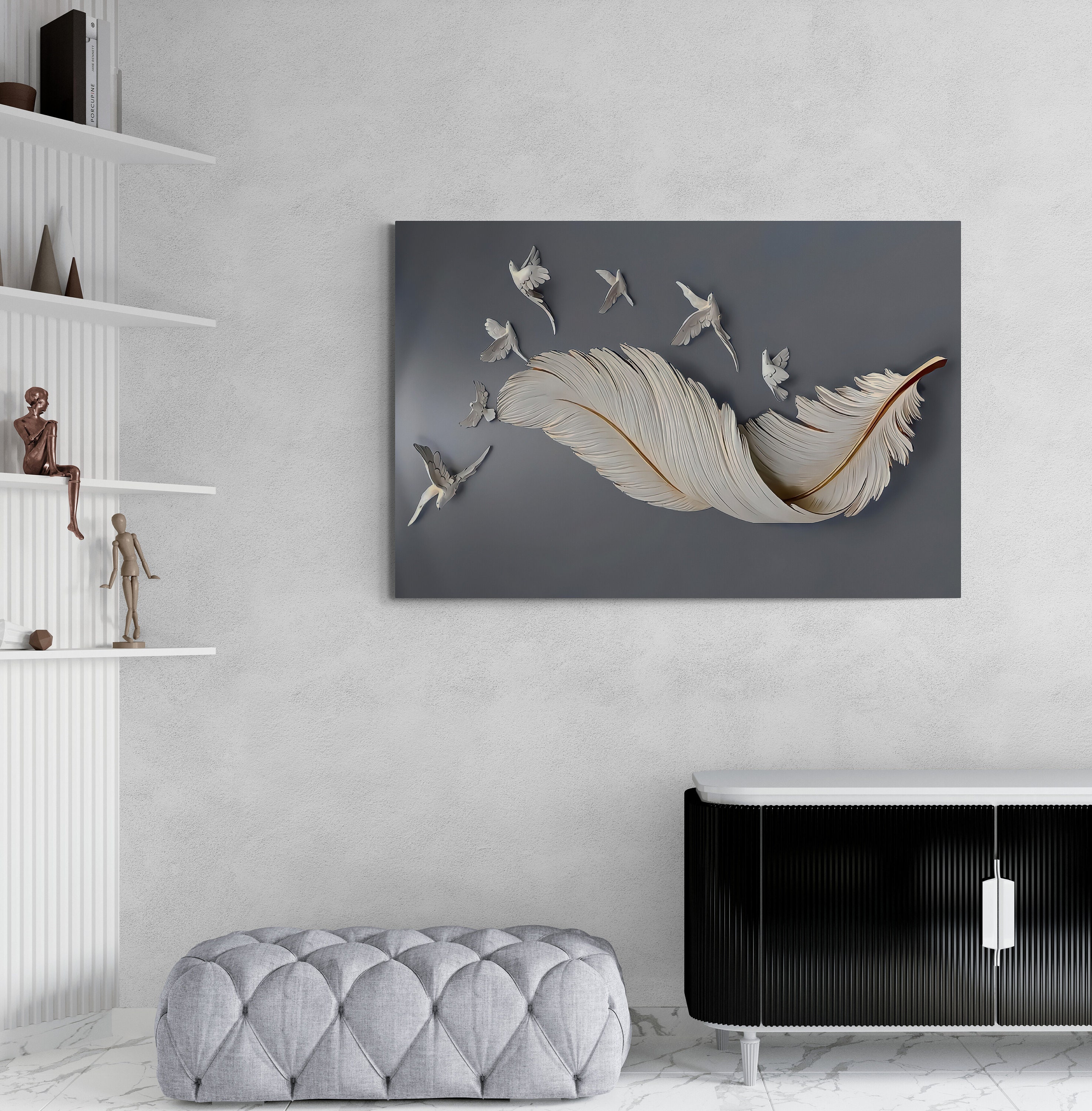 Feather and Birds Canvas Wall Art, Abstract Feather Home Decor ...