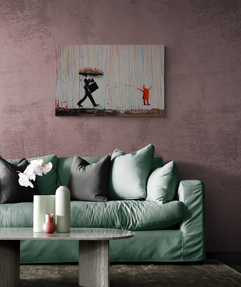Banksy Rainbow Rain Art Canvas Man With Umbrella Colourful - Etsy
