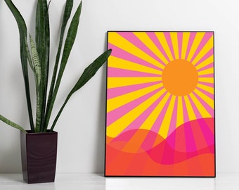 Retro Sun Art Print Bright Wall Print Printable Digital Download Wall ...
