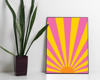 Retro Sun Art Print Bright Wall Print Printable Digital Download Wall ...