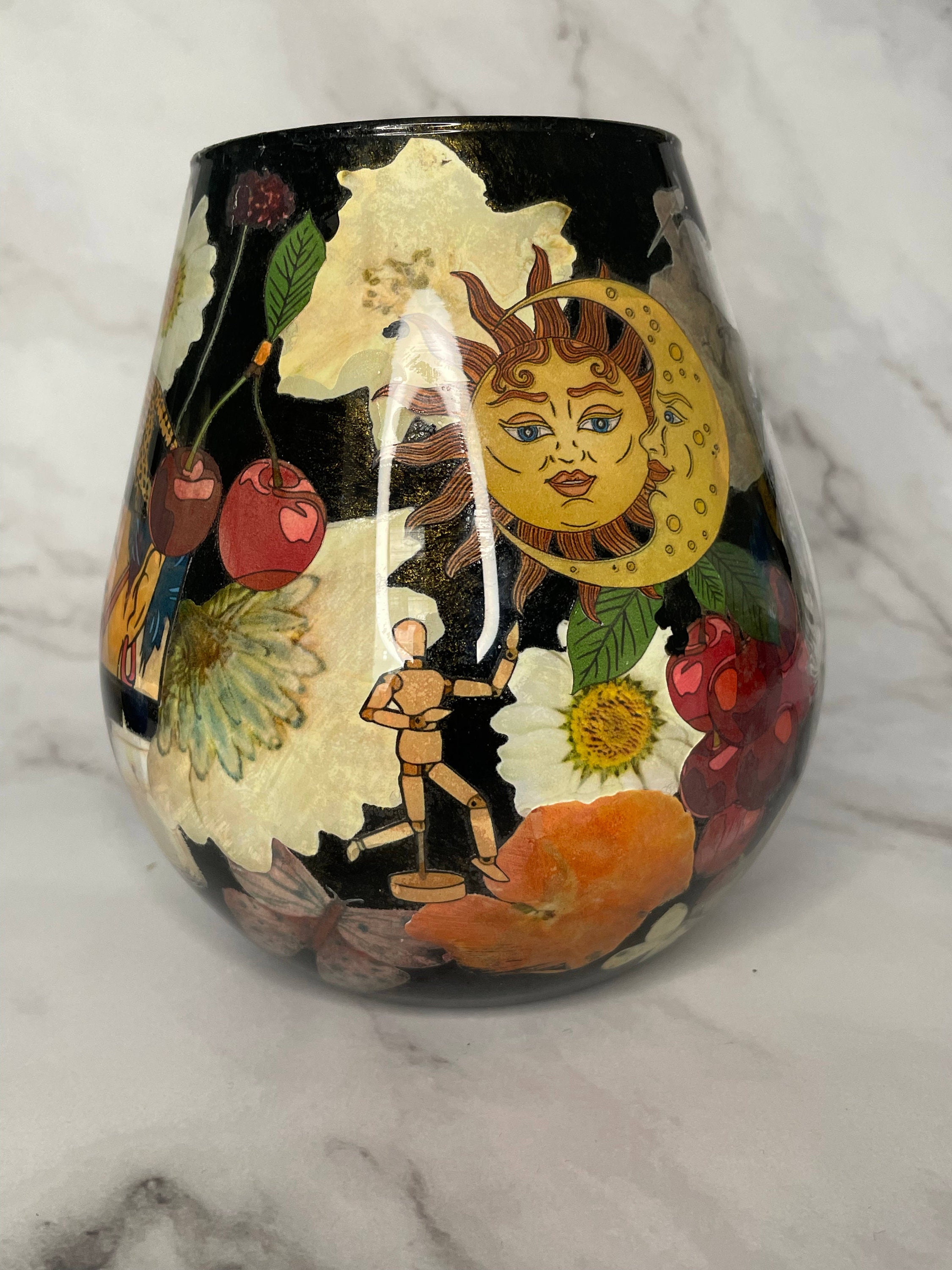 Decoupage Glass Vase, Black Orange and Red Hand Decorated Art Home ...