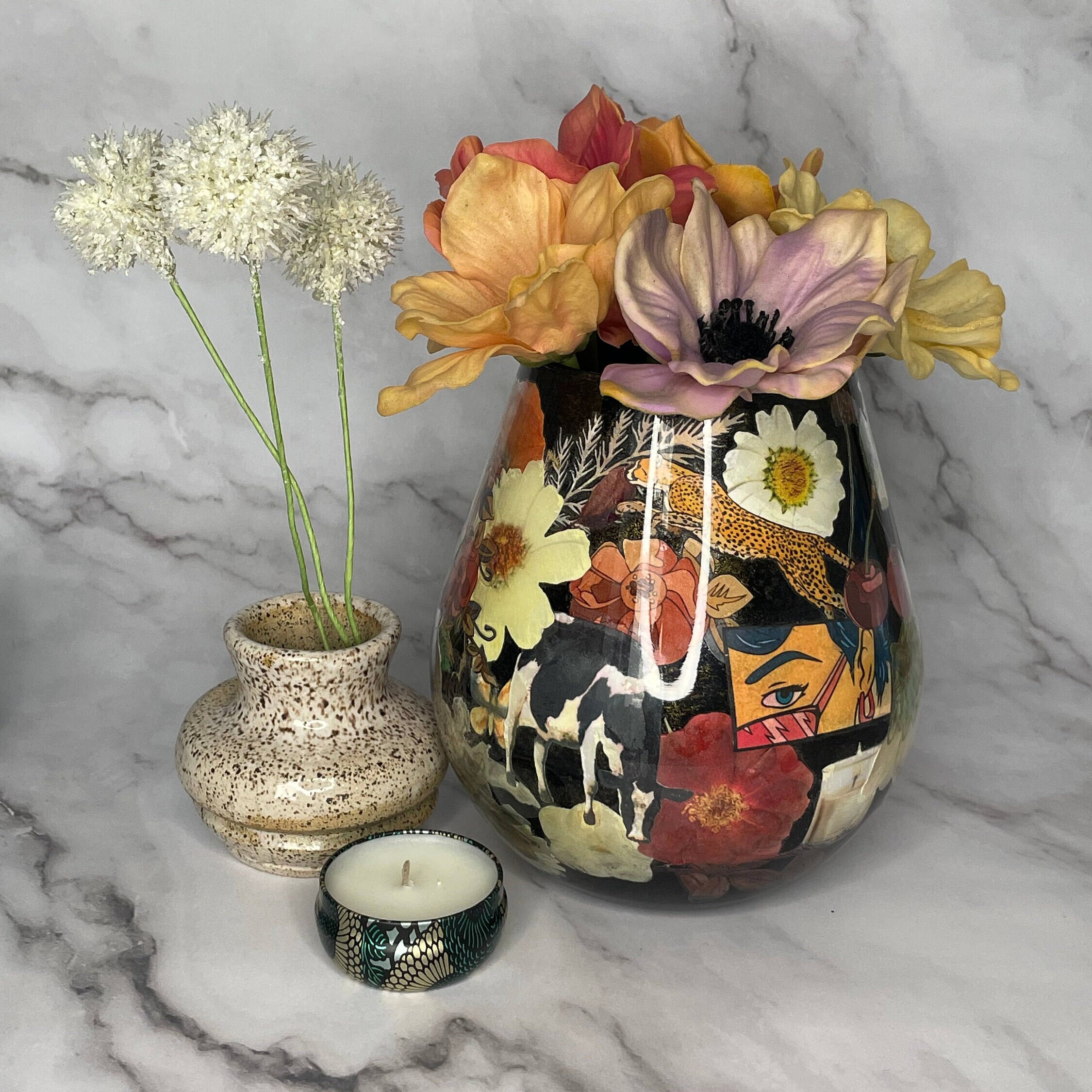 Decoupage Glass Vase, Black Orange and Red Hand Decorated Art Home ...