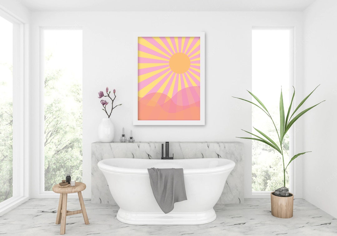 Retro Sun Art Print: Bright Yellow and Pink Wall Poster (printable ...