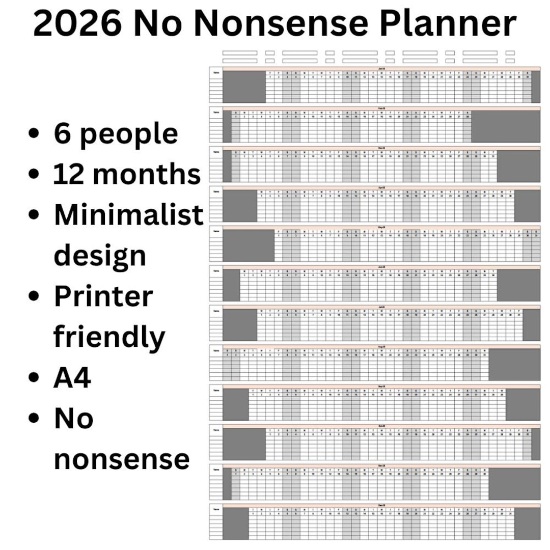 Printable 2026 6 Person No-nonsense Planner | A4 Staff Rota, Holiday ...