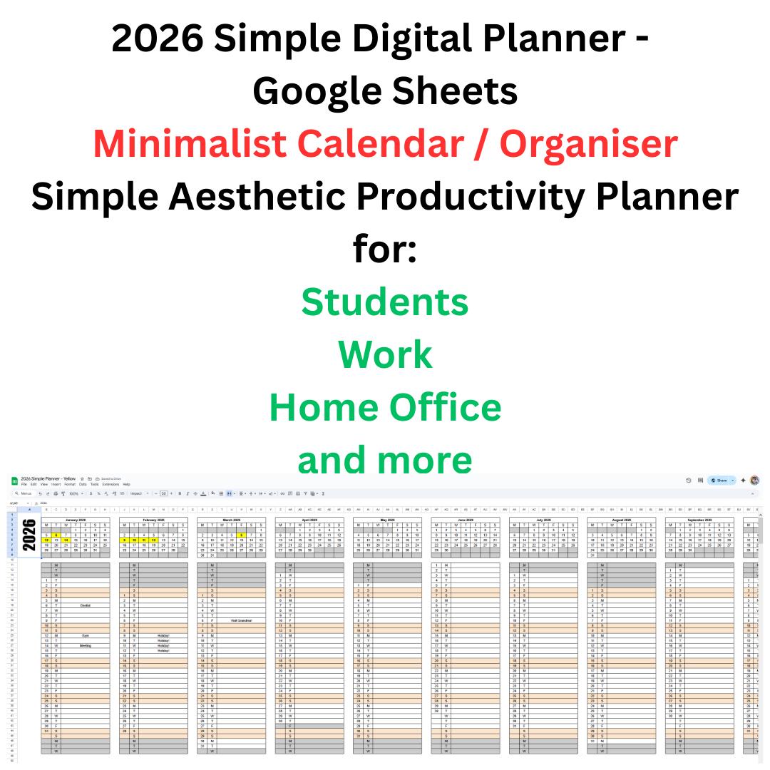 2026 Digital Planner Google Sheets: Minimalist Calendar Organizer (PDF ...