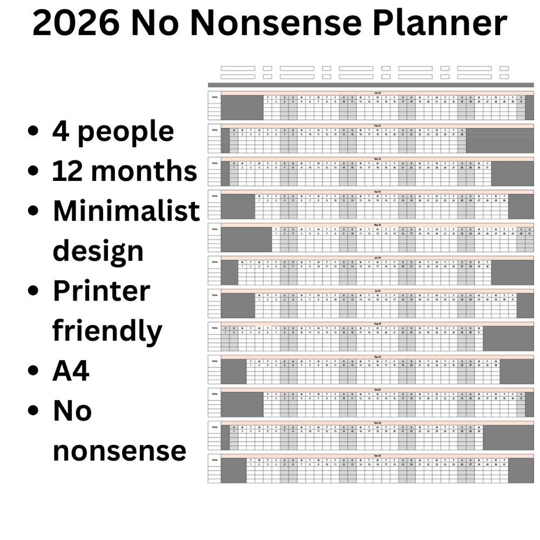 Printable 2026 4 Person No-nonsense Planner | A4 Staff Rota, Holiday ...