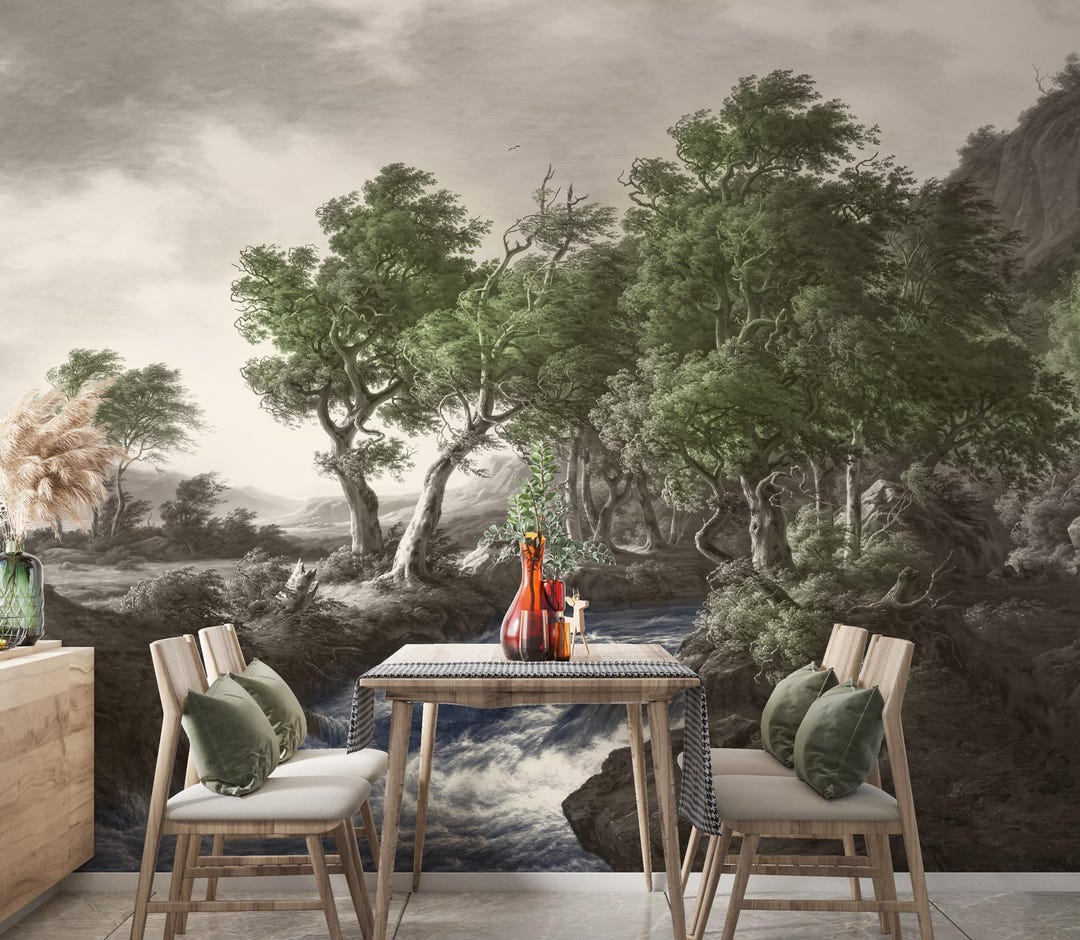Vintage Forest Landscape Wallpaper - Nature Painting With Majestic Tree ...