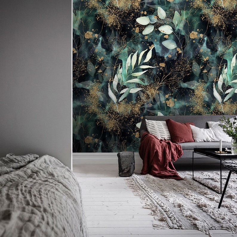 Green and Gold Leaf Wallpaper: Watercolor Peel and Stick Wall Mural - Etsy