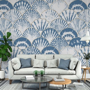 Seashell Pattern Wallpaper, Sea Shell Peel and Stick Wall Mural, Blue ...