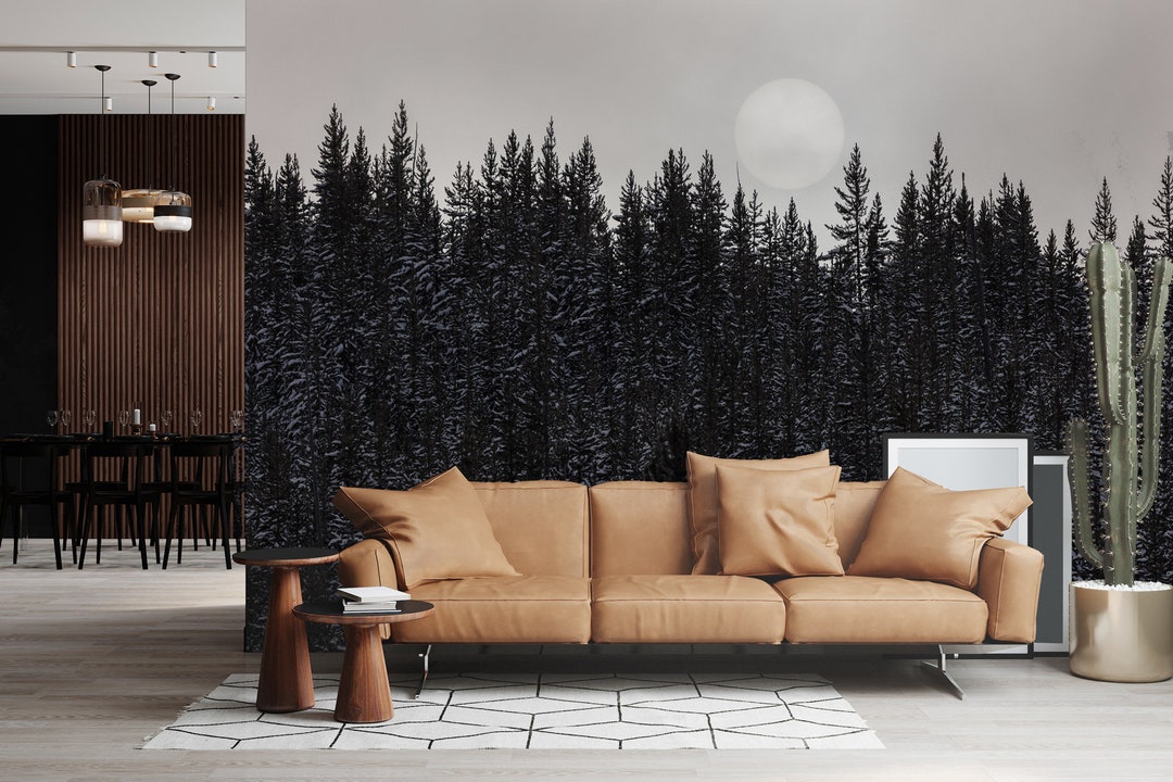 Dark Tree Line Wallpaper, Forest Peel and Stick Monochrome Wall Mural ...