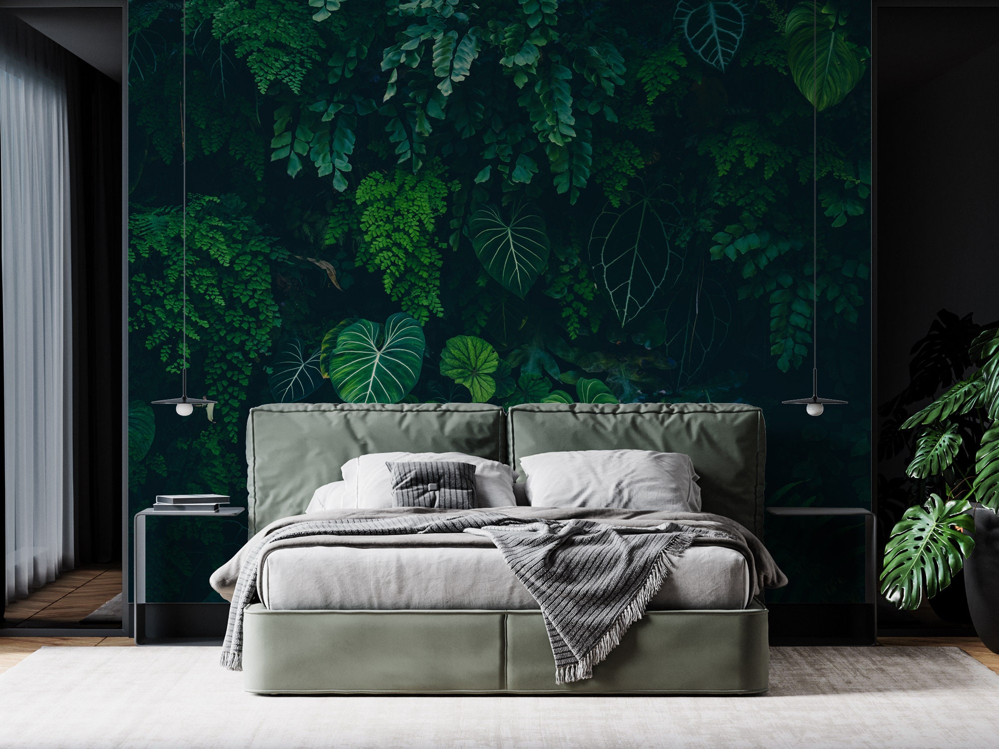 Tropical Leaves Wallpaper, Peel and Stick Leaf Wall Mural, Dark Jungle ...