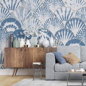 Seashell Pattern Wallpaper, Sea Shell Peel and Stick Wall Mural, Blue ...