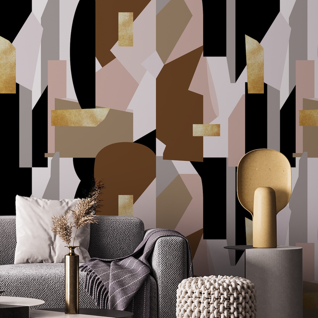 Geometric Wallpaper, Gold Peel and Stick Wall Mural, Vintage Self ...