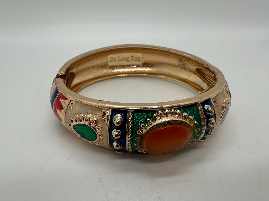 Vintage Gold Tone Jiu Long Xing Cloisonné Style Colorful Hinge Bangle ...