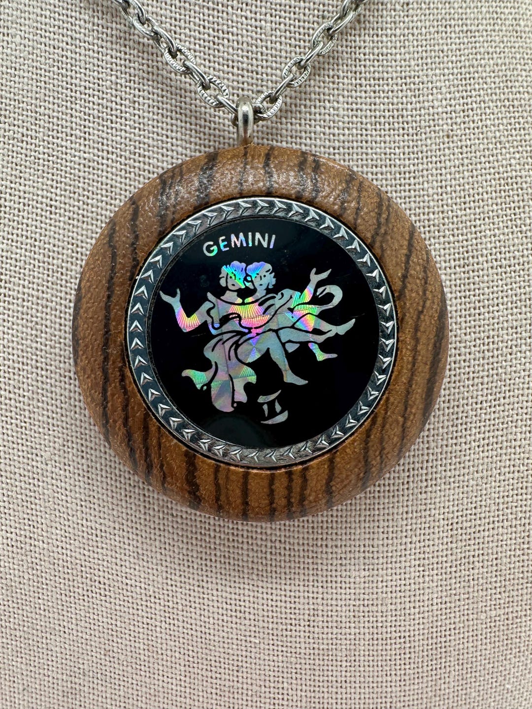 Vintage Wooden 1970’s Gemini Foil Pendant Necklace on Silvertone Chain ...
