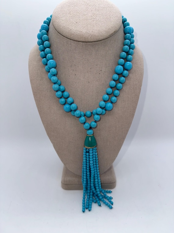 Vintage 1970’s long turquoise colored glass beaded ta… - Gem