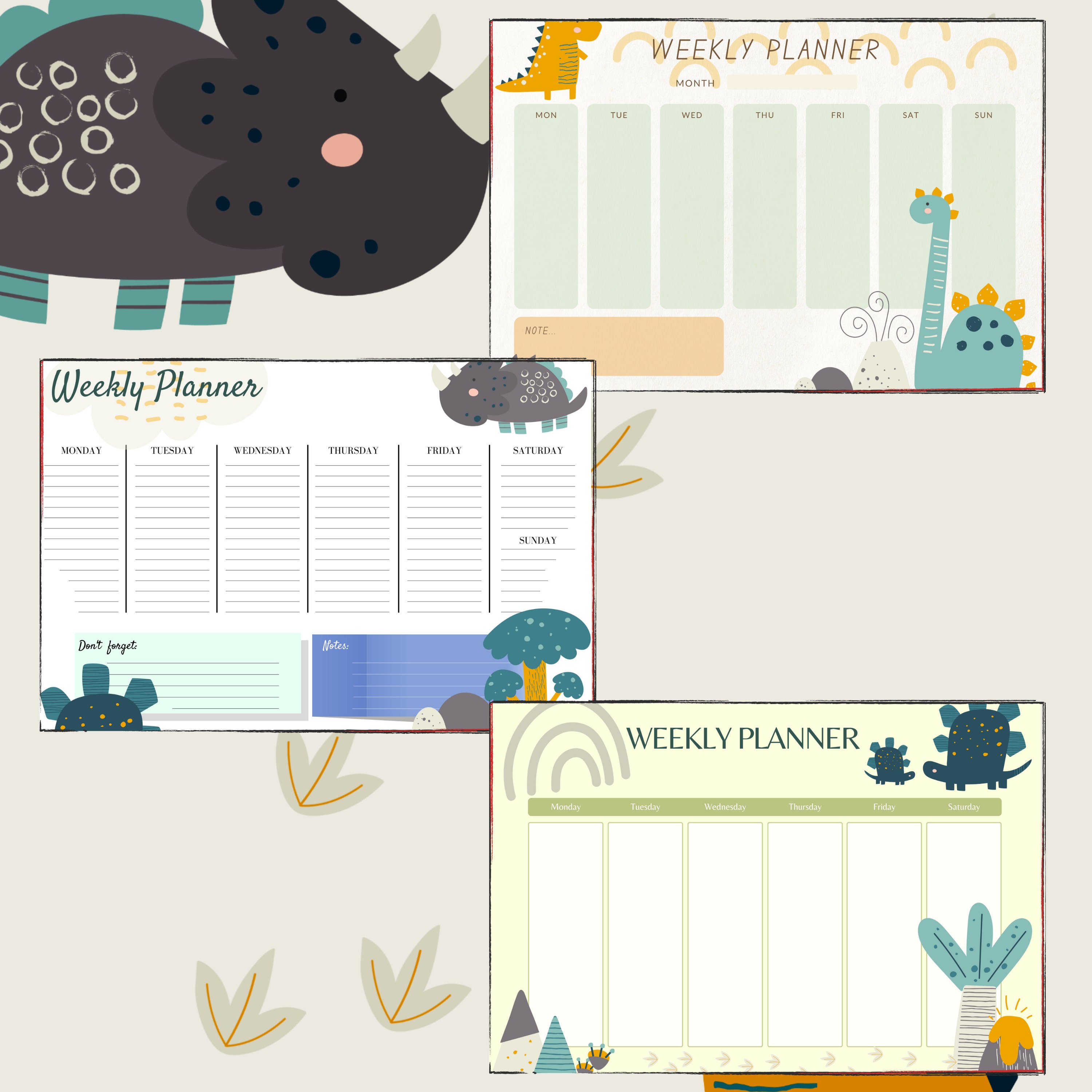Cute Dinosaur Digital Printable Weekly Planners Set of 3 Designs - Etsy