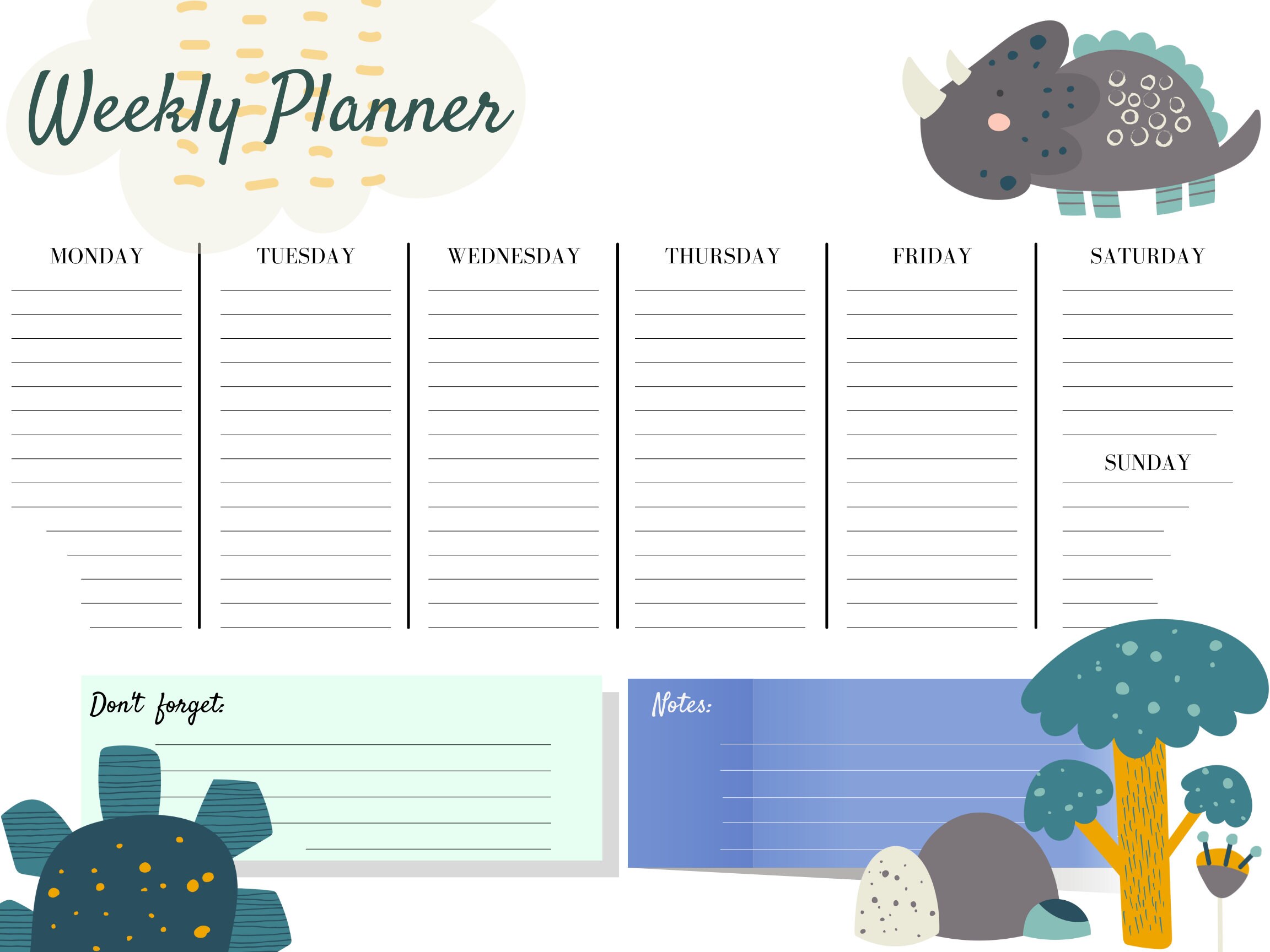 Cute Dinosaur Digital Printable Weekly Planners Set of 3 Designs - Etsy