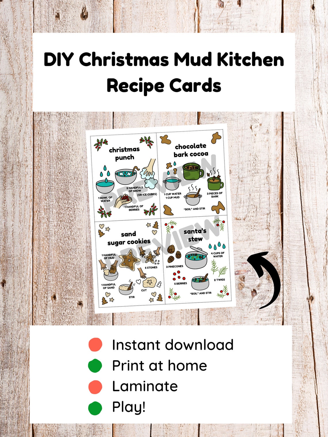 Instant Download - Christmas Mud Kitchen Recipe Cards, Christmas ...