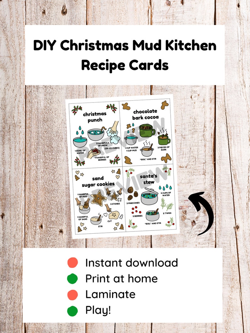 Instant Download - Christmas Mud Kitchen Recipe Cards, Christmas ...