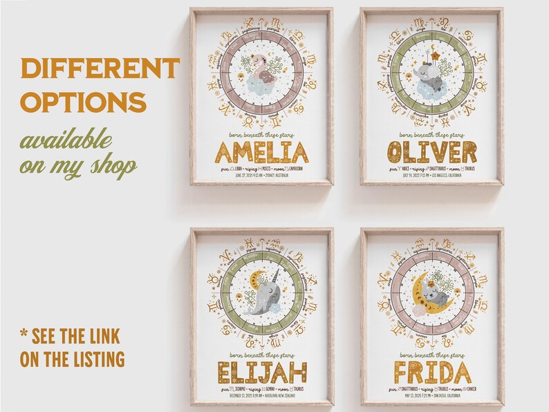 Custom Astrology Birth Chart Printable Wall Art, Natal Chart Baby Girl ...