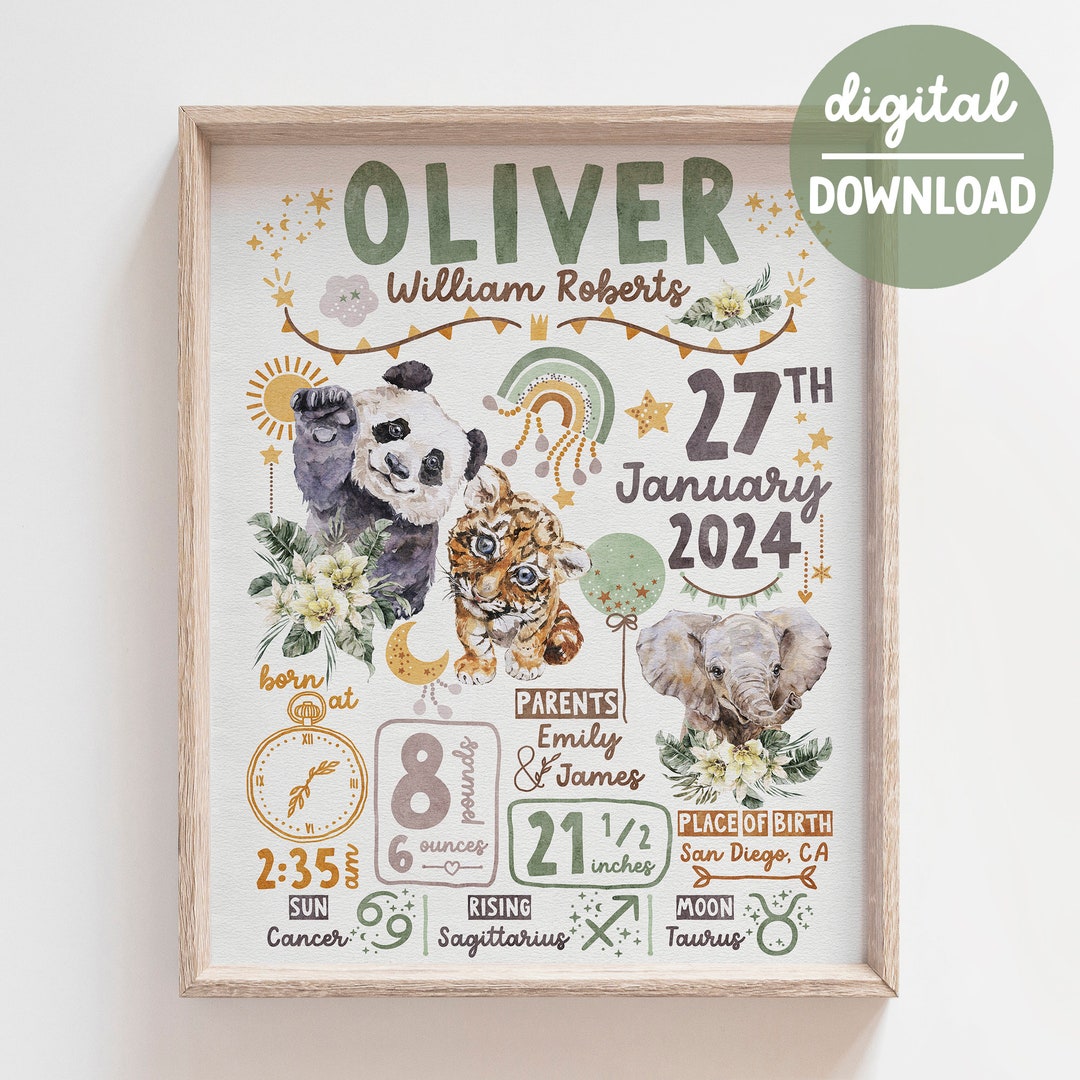 Woodland Animals Birth Announcement Print: Personalized Nursery Decor ...
