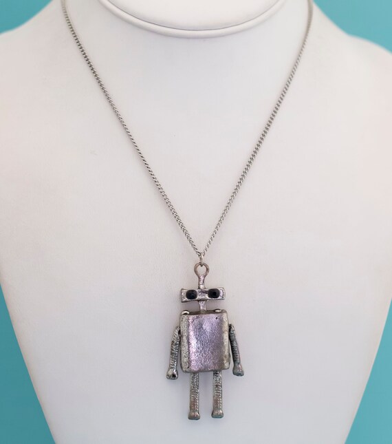 Vintage Cute Silver Robot Necklace 18 inch - R5 - Gem