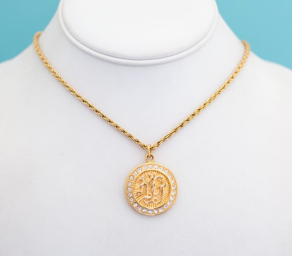 Vintage Medallion Symbolic Letters Rhinestone Necklac… - Gem