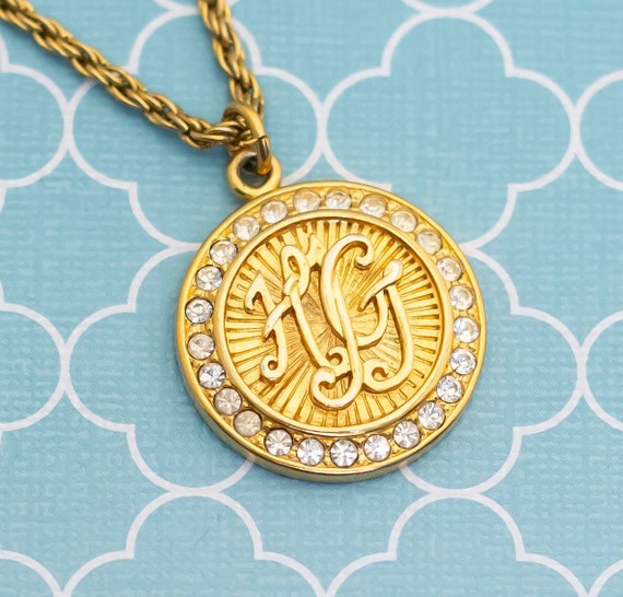 Vintage Medallion Symbolic Letters Rhinestone Necklac… - Gem