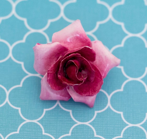 Vintage Bright Pink Rose Brooch by English Bone China… - Gem